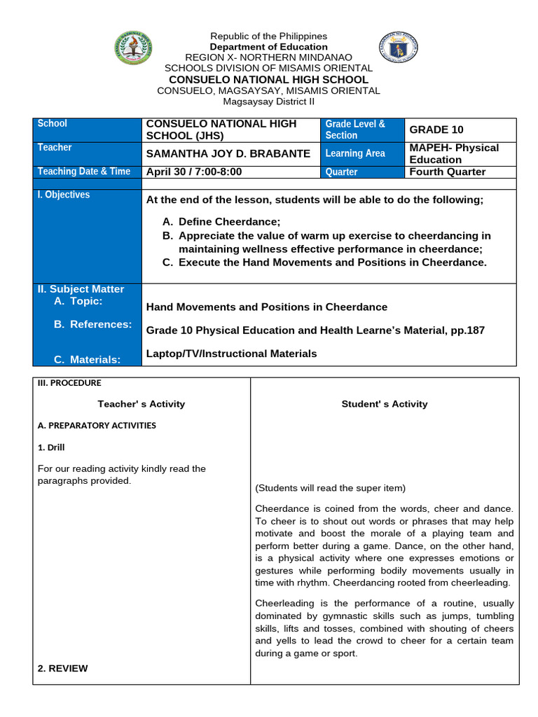 Cheerdance Lesson Plan - Mapeh | PDF | Cheerleading