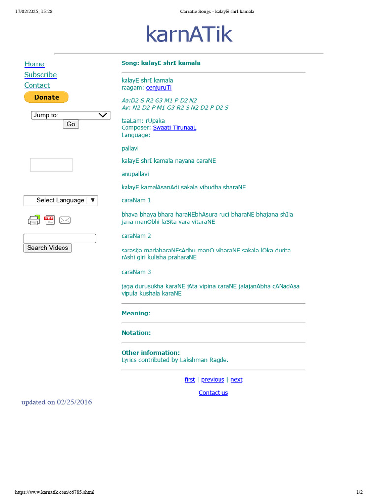 Carnatic Songs - Kalaye Shri Kamala | PDF