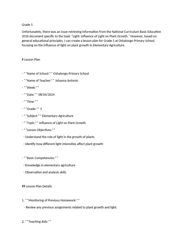Grade 5 Lesson Plan: Light & Plant Growth | PDF | Lesson Plan | Learning