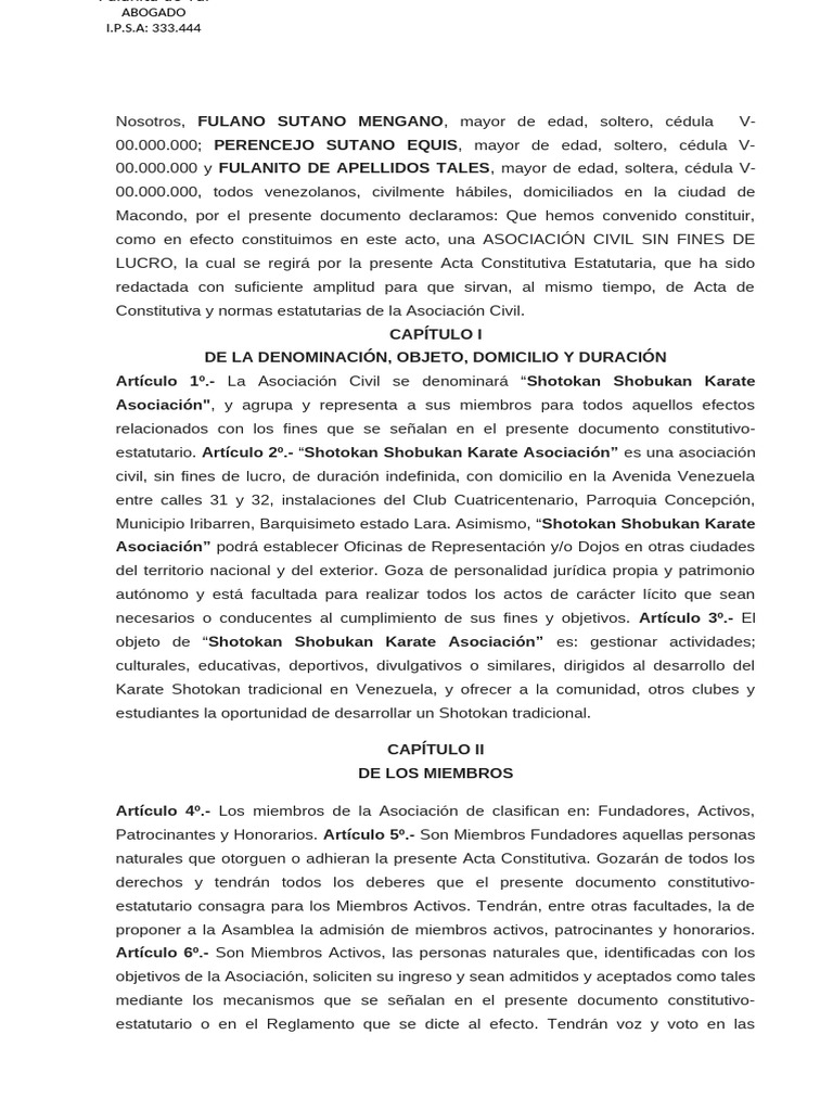 Acta Constitutiva Asociacion Civil | PDF | Quórum | Regulación