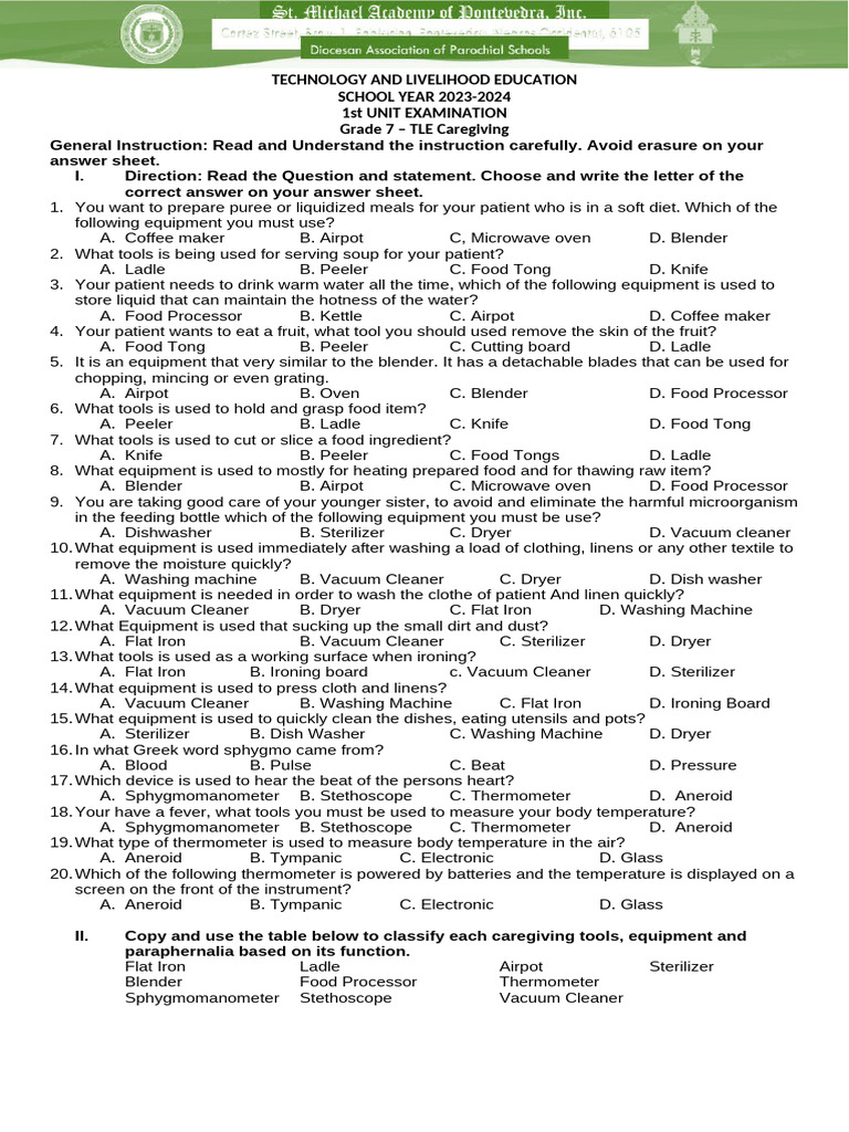 1st Unit Examination TLE 7 CAREGIVING | PDF | Washing Machine | Vacuum ...