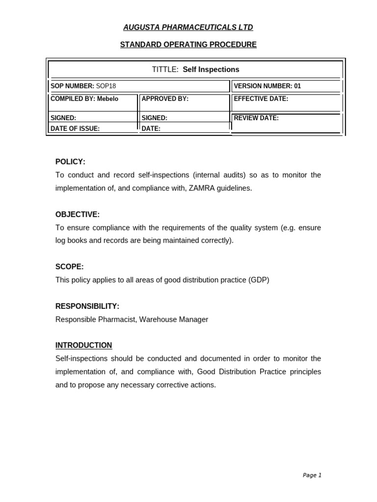 GDP Self-Inspection SOP Guide | PDF | Regulatory Compliance | Audit