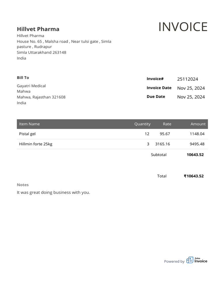 Invoice for Hillvet Pharma Services | PDF