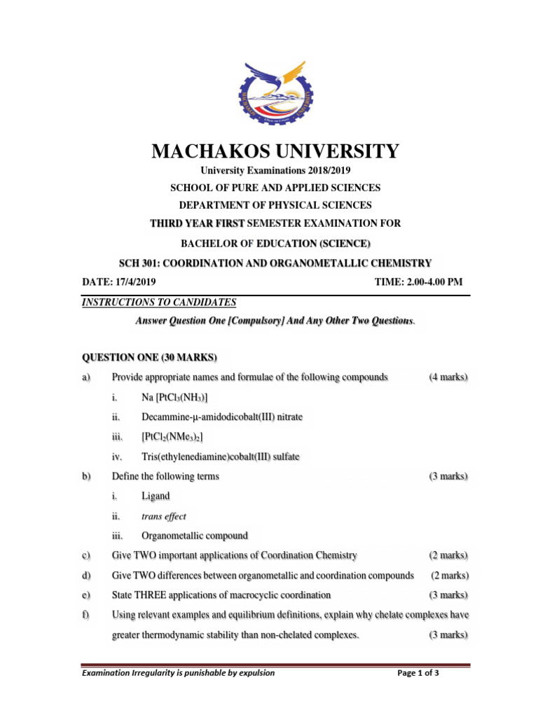 SCH 301 Exam 2019 | PDF | Coordination Complex | Ligand
