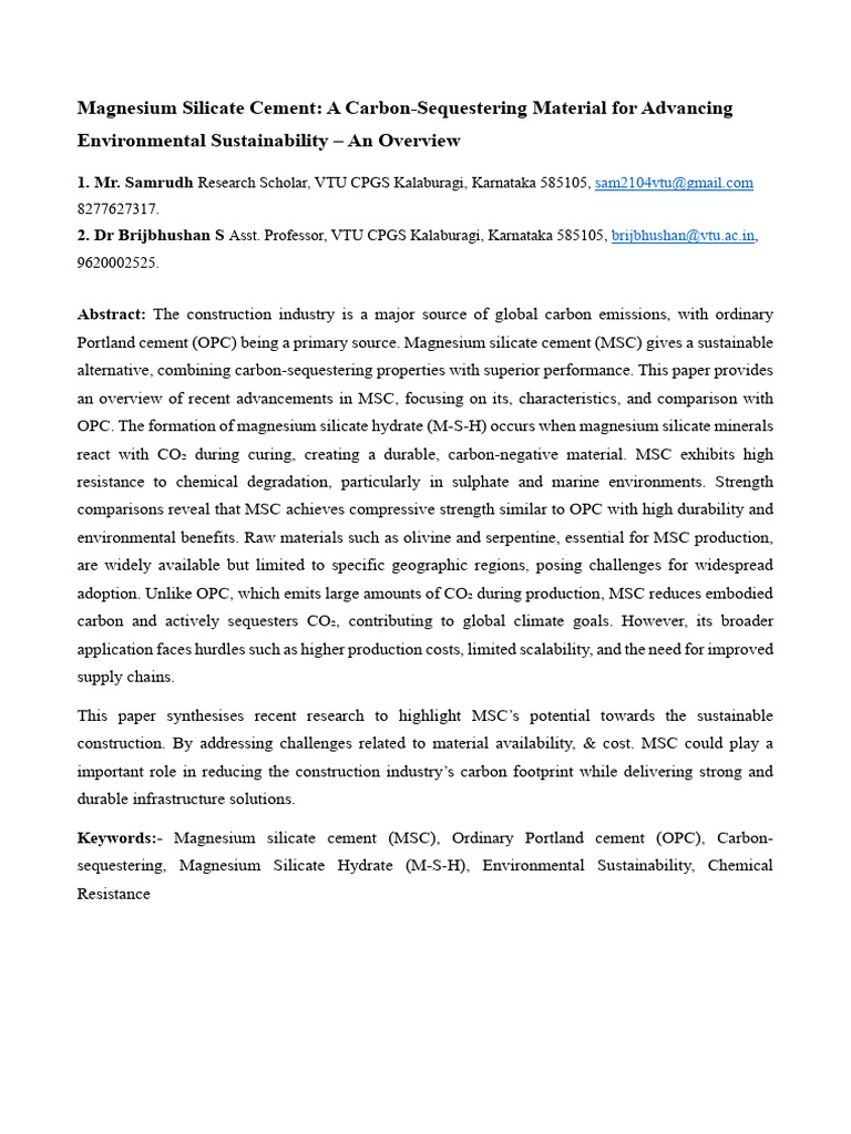 Magnesium Silicate Cement Overview | PDF
