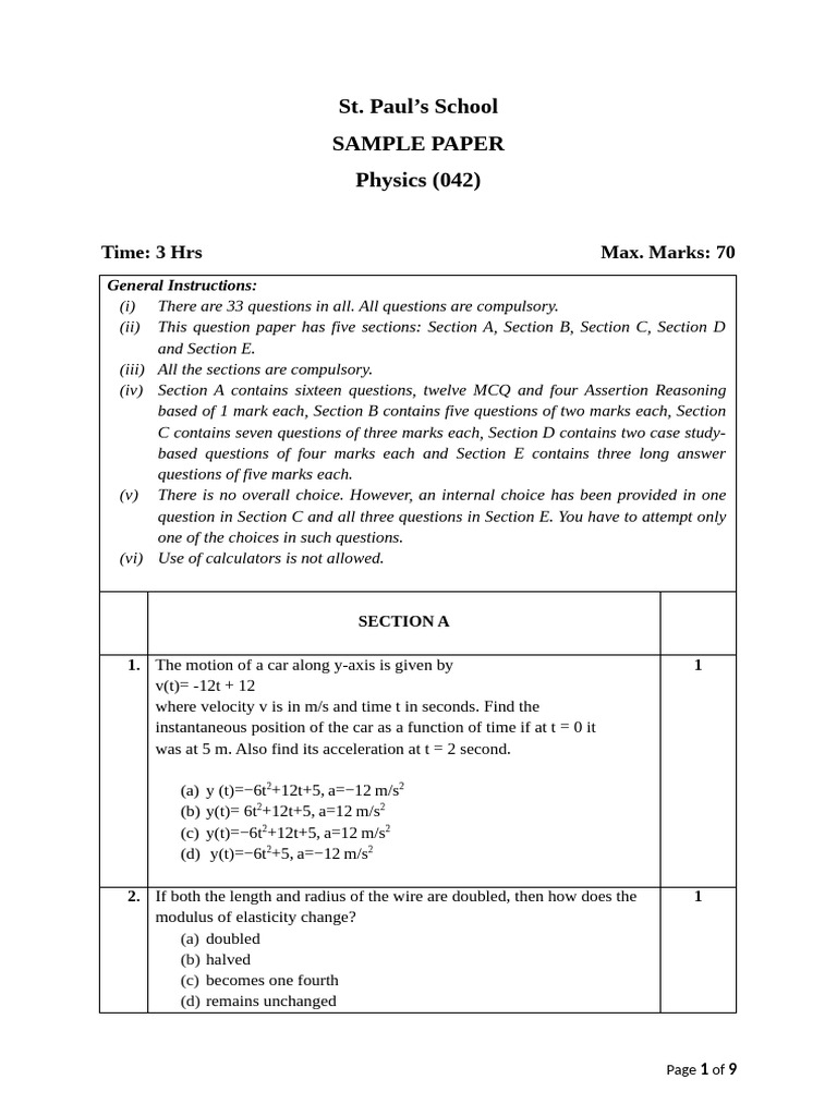 SAMPLE PAPER Final Examination Physics - XI | PDF | Angular Momentum ...