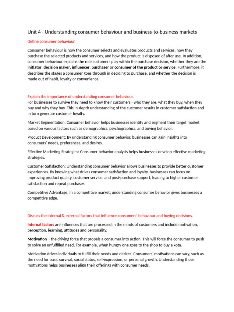 Marketing - Unit 4 Summary | PDF | Consumer Behaviour | Behavior
