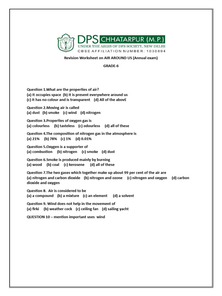 Grade 6 Air Properties Revision Worksheet | PDF