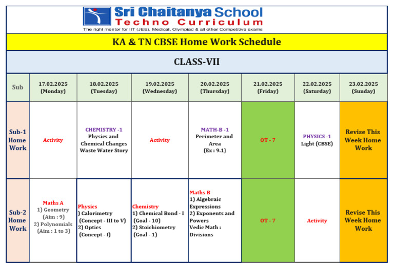 (17 - 23) KA & TN CBSE VII Techno Home Work Schedule | PDF