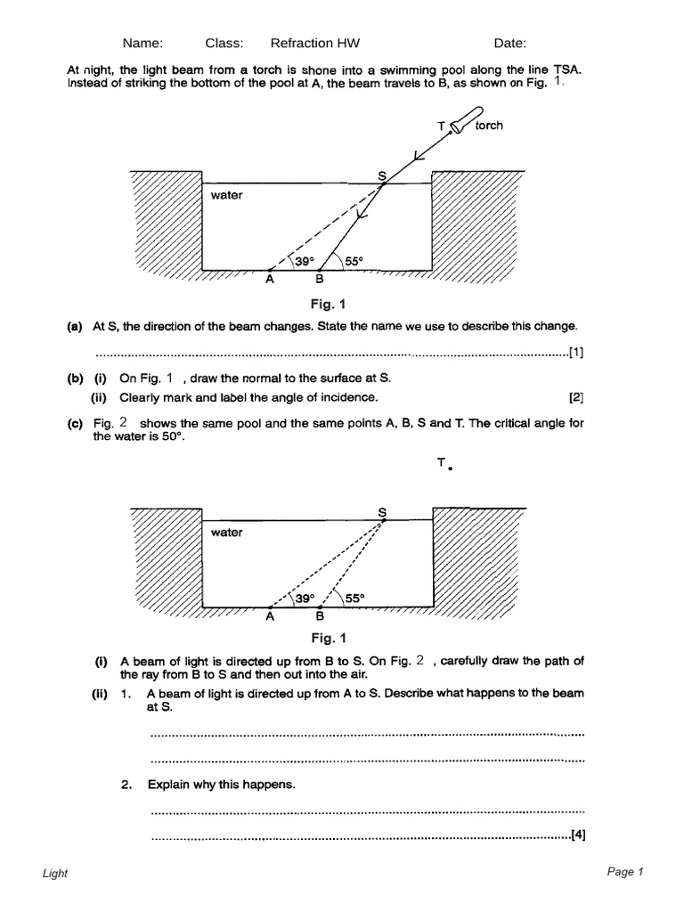Refraction Homework Assignment | PDF