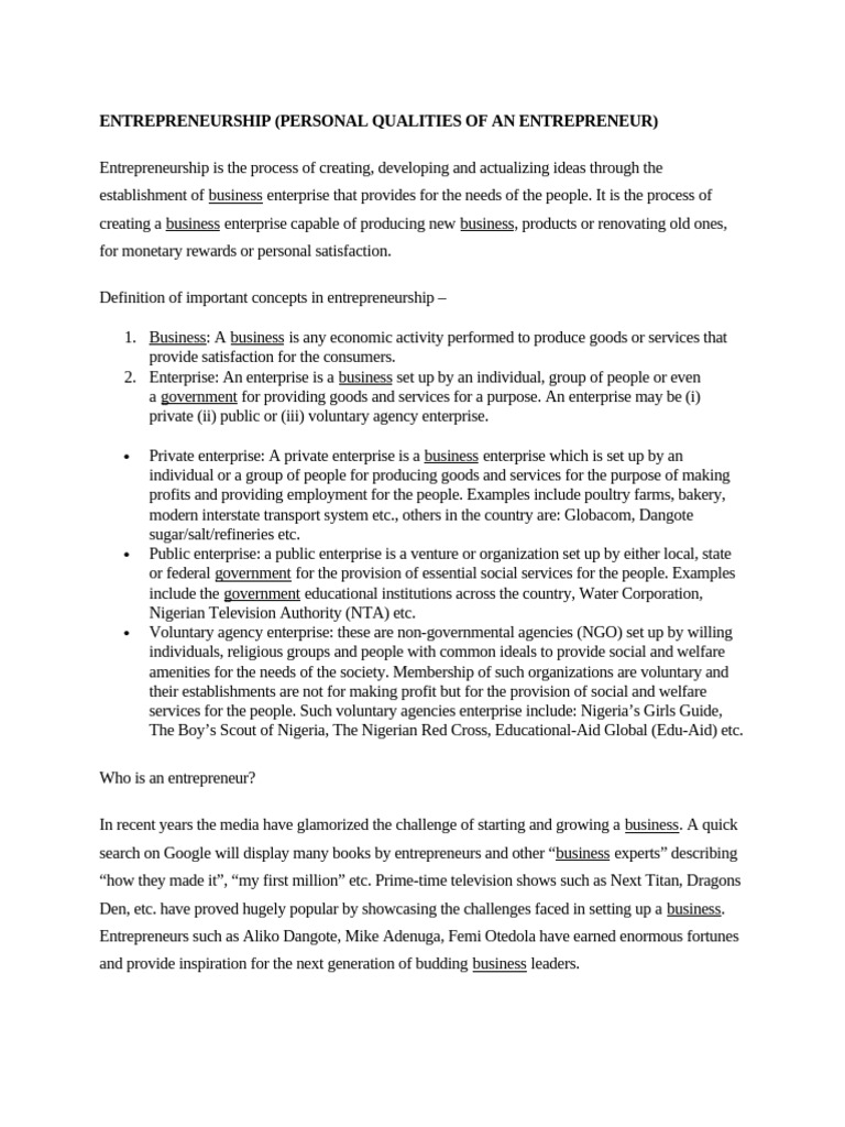 Year 8 Business Studies Second Term Class Note For Week 3 Personal Qualities of An Entrepreneur ...