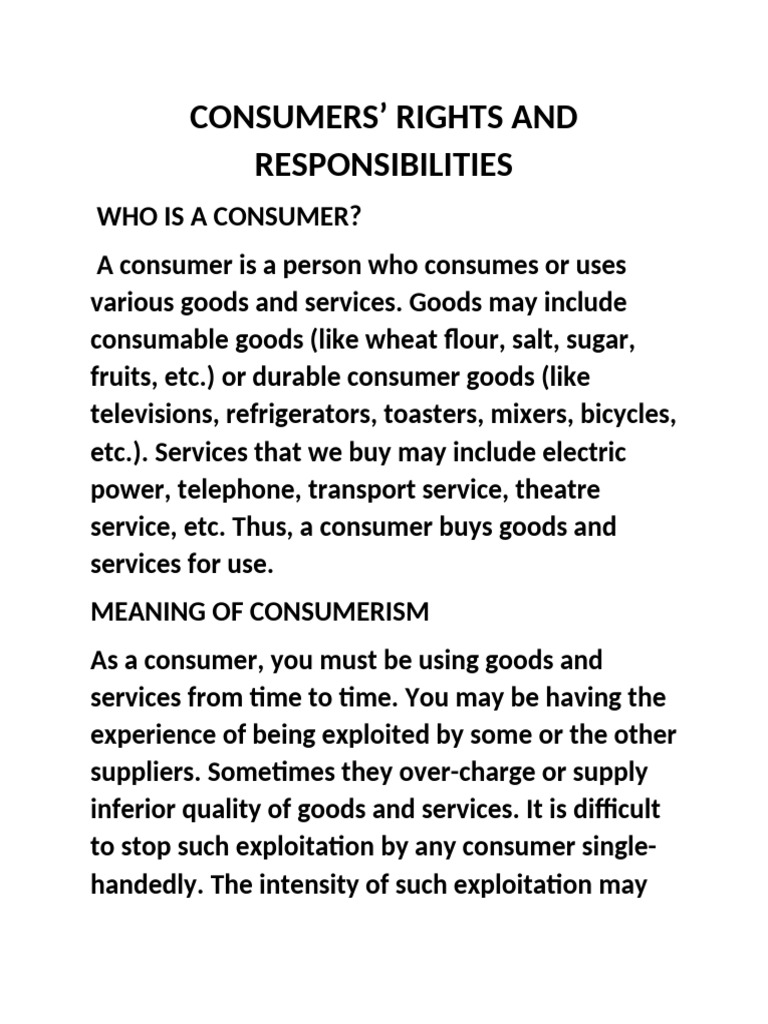 Year 8 Business Studies Second Term Class Note For Week 5 Consumers Rights and Responsibilities ...