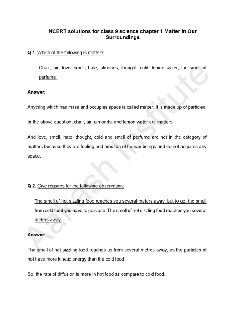 Ncert Solutions Class 9 Science Chapter 1 Matter in Our Surroundings - 0 | PDF | Matter | Water