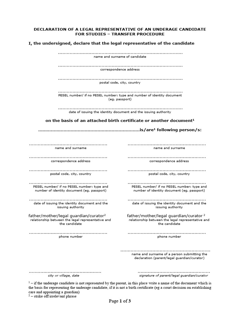 Declaration of A Legal Guardian Transfer | PDF | Identity Document ...