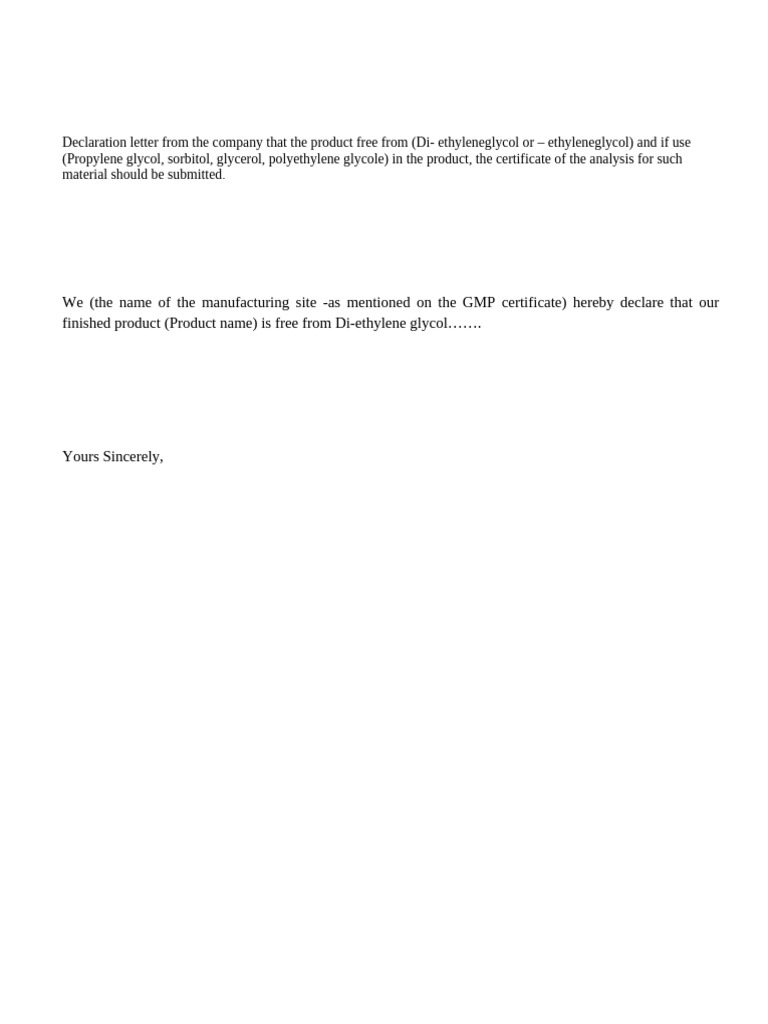 Propylene Glycol Declaration Letter | PDF