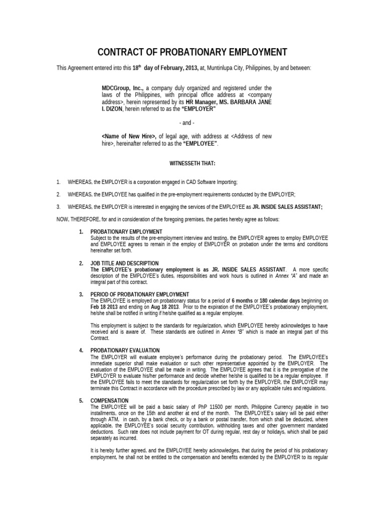 Employment Contract - Probationary Employee | PDF | Employment | Overtime