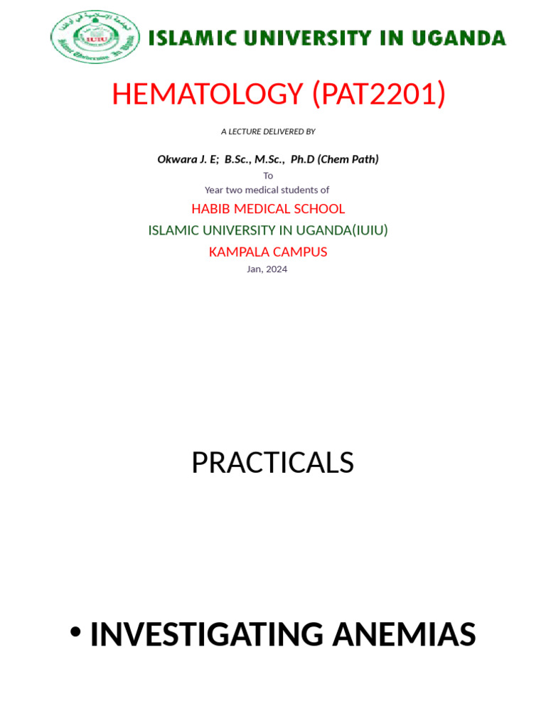 Hematology (Pat2201) Practicals Investigating Anemias-1 | PDF | Anemia | Body Fluids