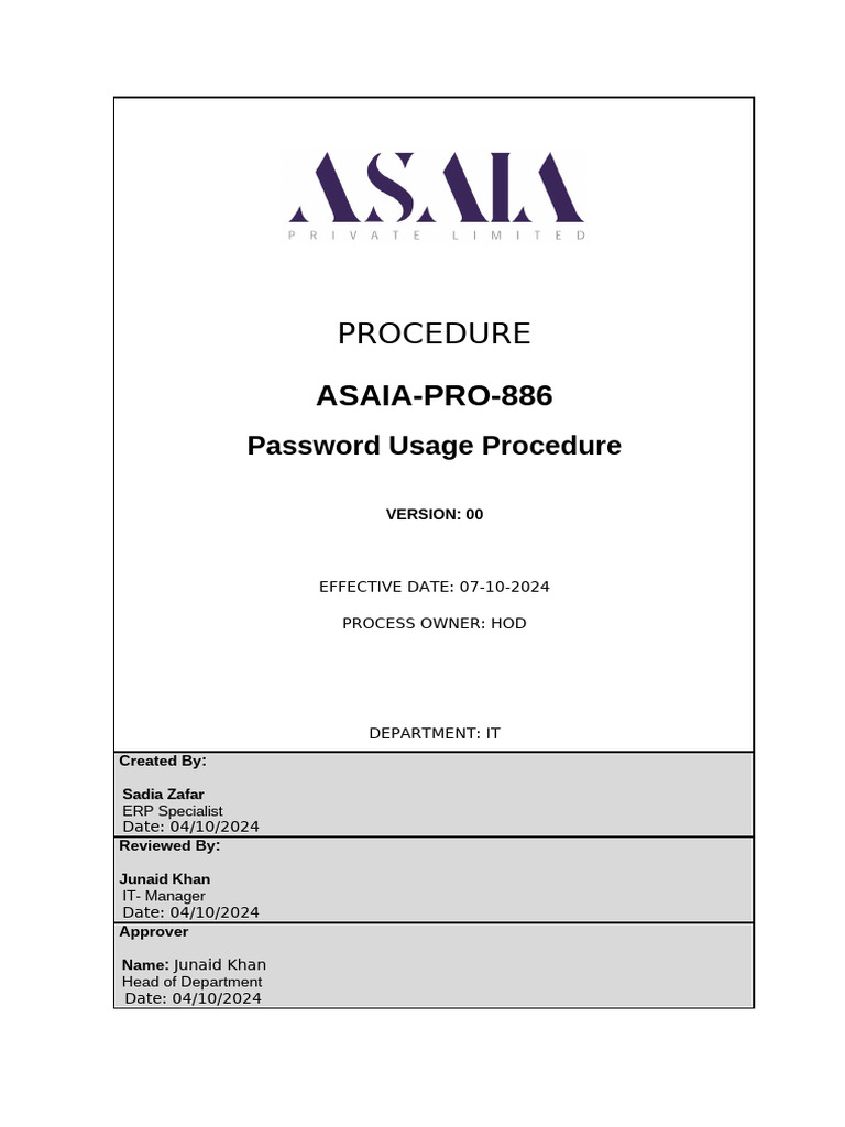 ASAIA-PRO-886 Password Usage Procedure | PDF | Password | Login