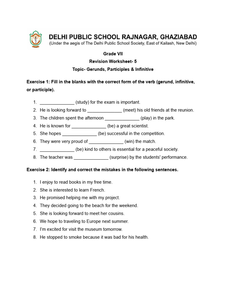 Gerunds, Participles & Infinitives Worksheet | PDF