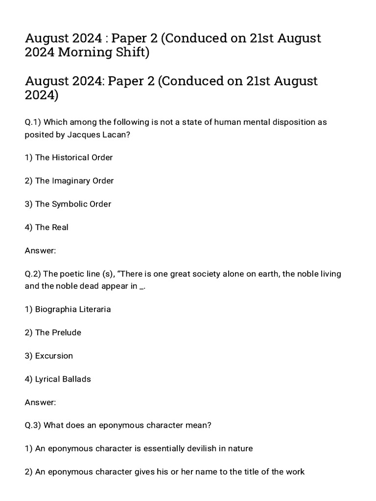 August 2024 - Paper 2 (Conduced On 21st August 2024 Morning Shif | PDF