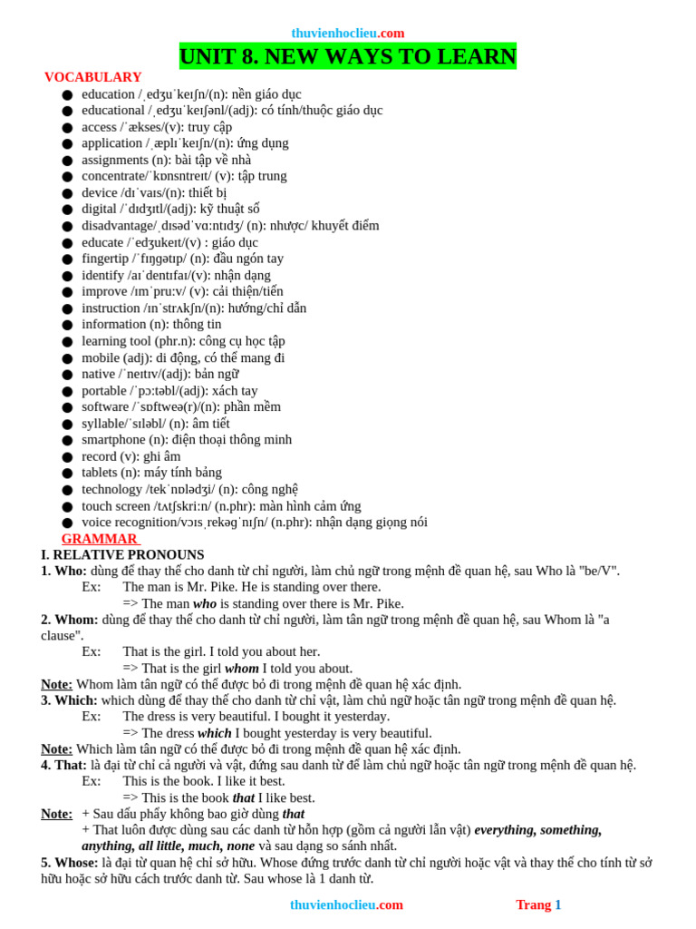 Thuvienhoclieu.com Bai Tap Chuyen Sau Anh 10 Global Unit 8 NEW WAYS to LEARN | PDF | Educational ...