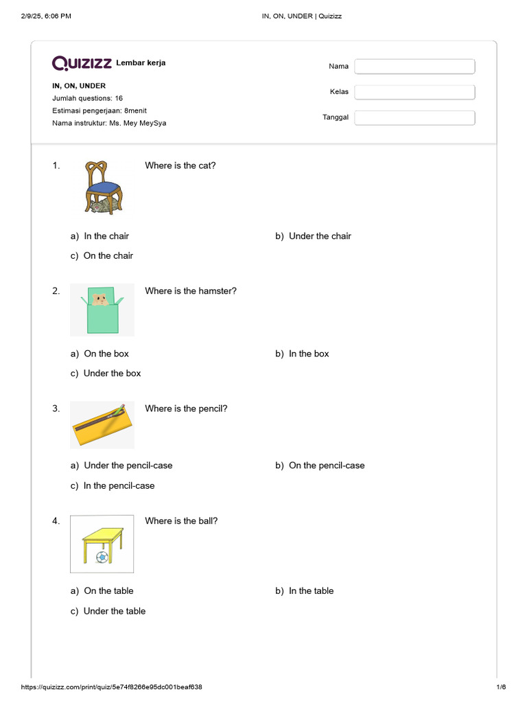 IN, ON, UNDER - Quizizz | PDF