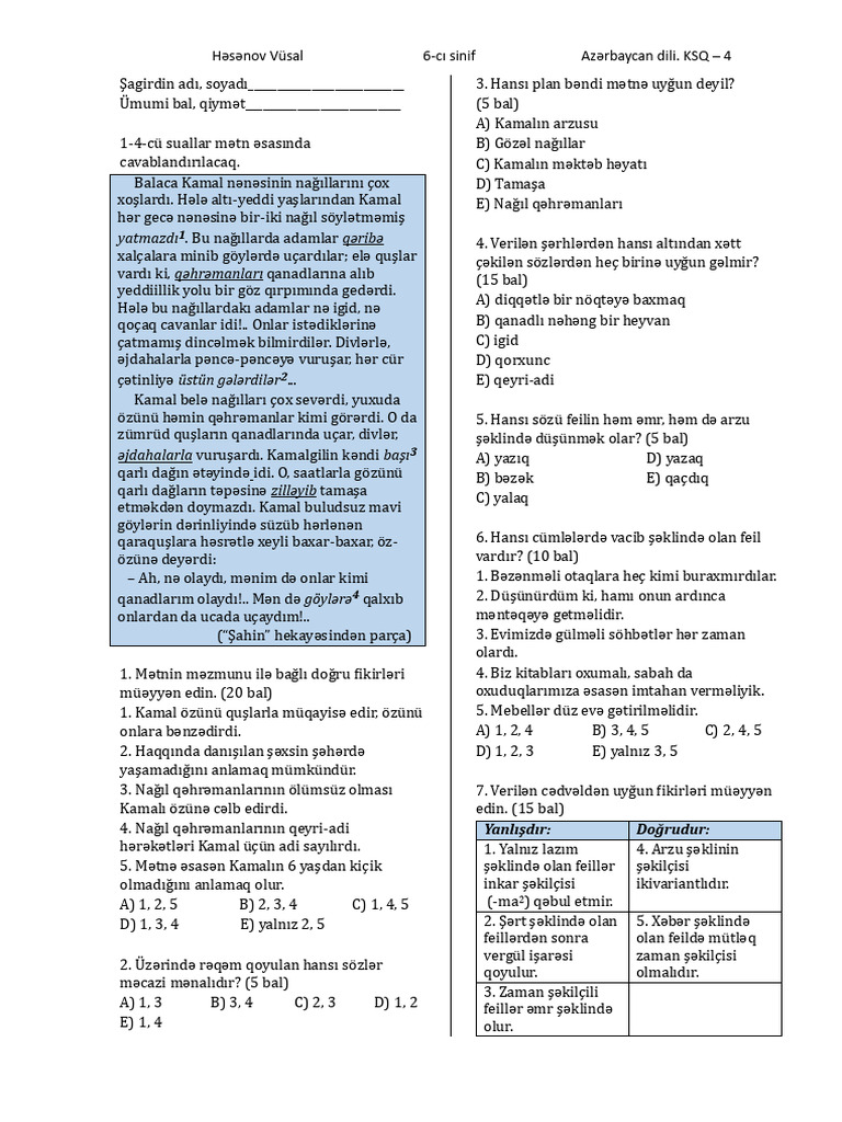 Azərbaycan Dili (6-Cı Sinif. KSQ - 4) | PDF