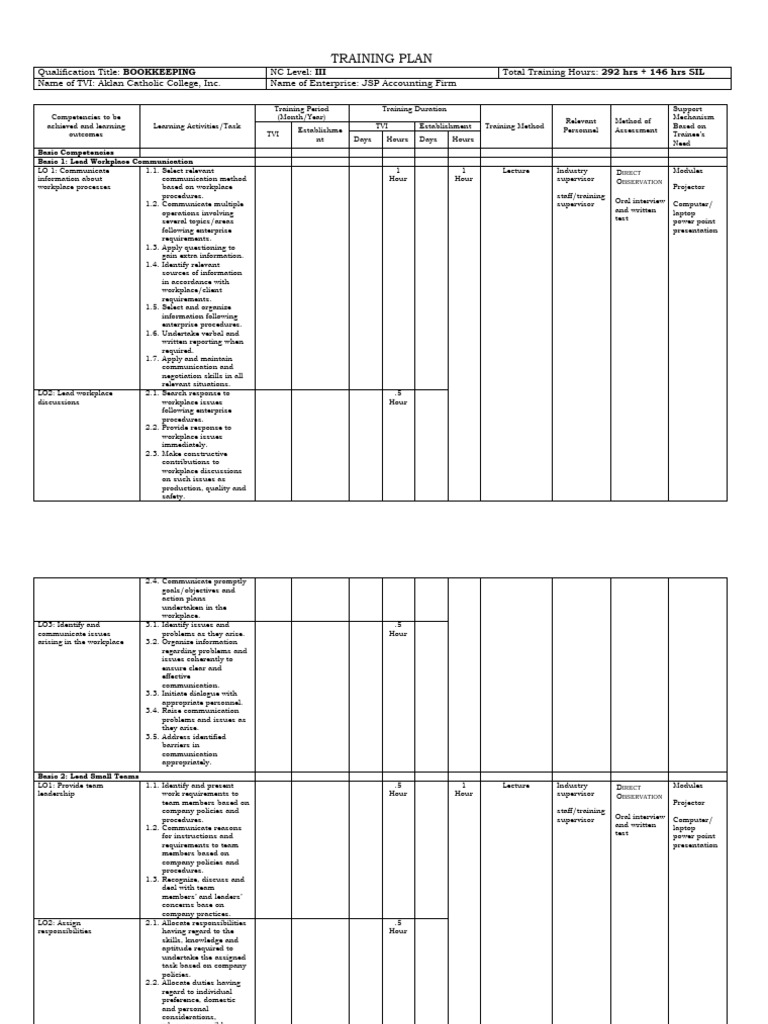Bookkeeping SIL Training Plan Template | PDF | Information ...