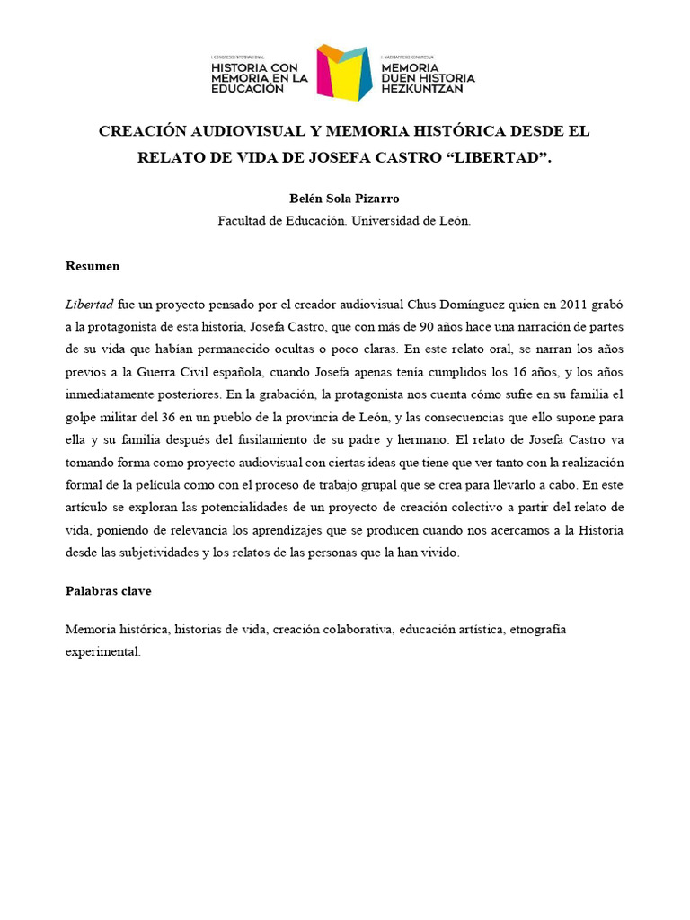Comunicacion Belen Sola. I Congreso Historia con memoria en la educación. | PDF | Aprendizaje ...