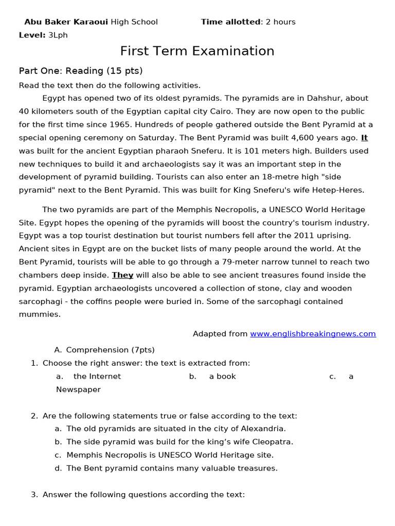 First Term Exam Ancient Civilization 2021 | PDF | Egyptian Pyramids ...