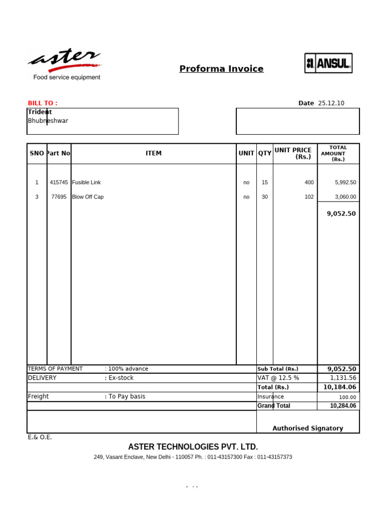 Proforma Invoice of Fair Field Marriott, Jodhpur Feb-2025 | PDF ...