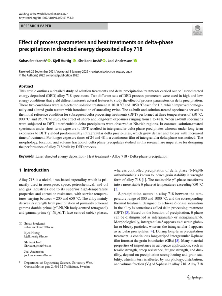Delta Phase Precipitation in Alloy 718 | PDF | Heat Treating | Crystallite