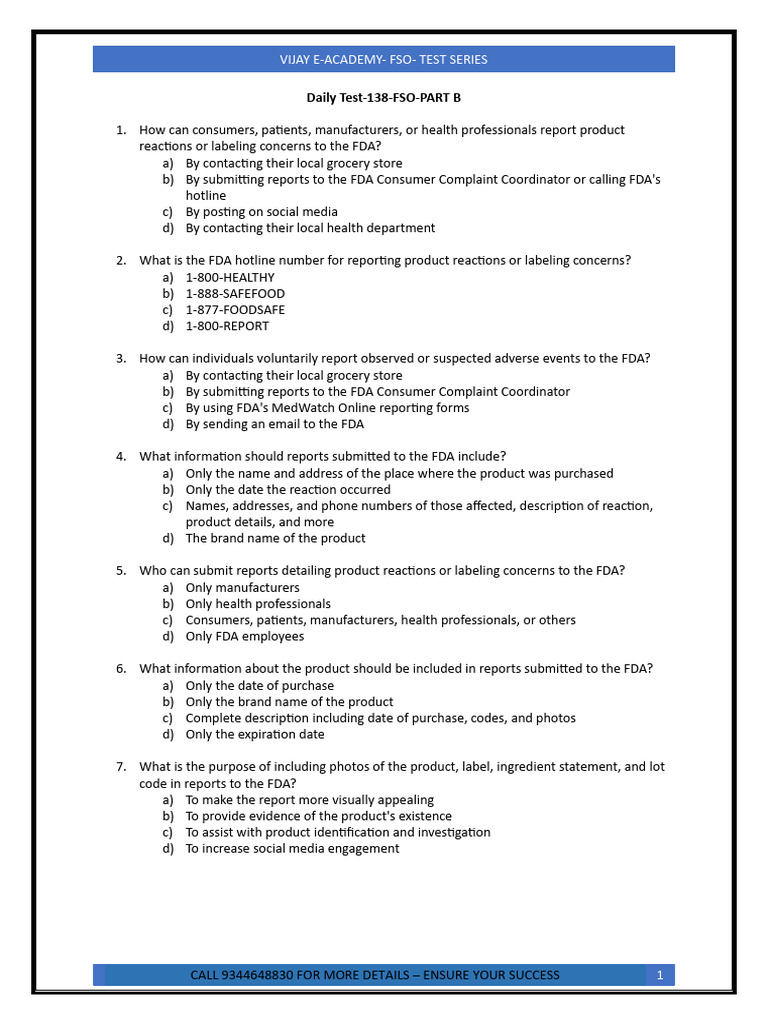 Daily Test 138 Fso Part b | PDF | Food And Drug Administration | Medicine