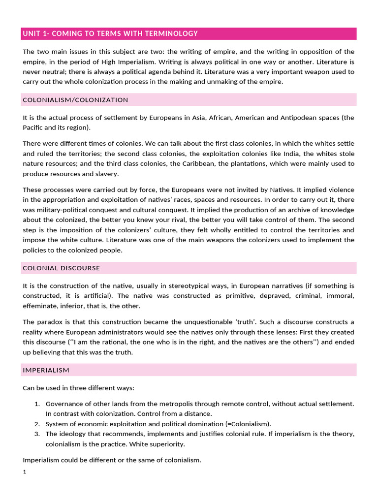 Unit 1-Coming to Terms With Terminology | PDF | Postcolonialism ...