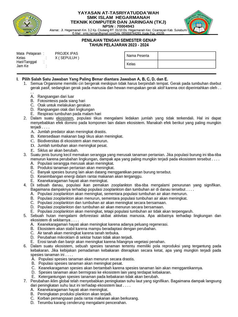 SOAL PTS PROJEK IPAS X TP 2023 - 2024 Genap | PDF