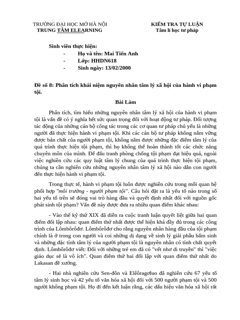 BTL_Tâm Lí Học Tư Pháp_Mai Tien Anh_Luat_HHDN618 | PDF