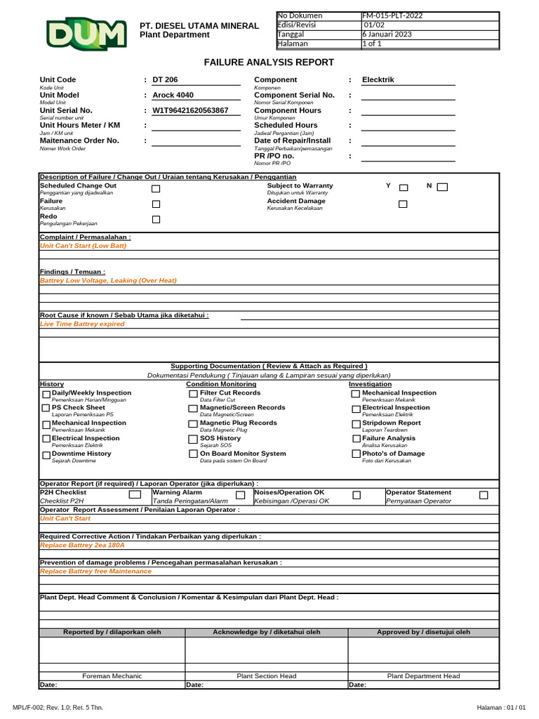 FM-015-PLT-2021 Failure Analysis Report DT 206 | PDF | Electrical Engineering | Electricity