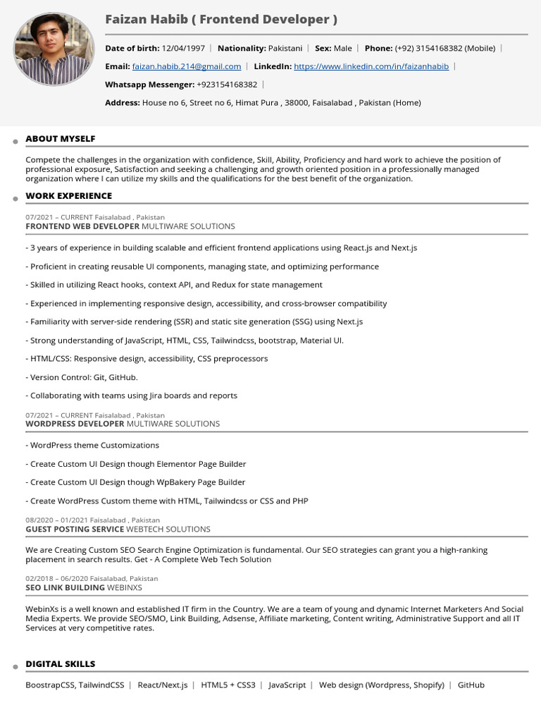 Faizan Habib - Web Develoer - CV - Resume - Faisalabab, Pakistan | PDF ...