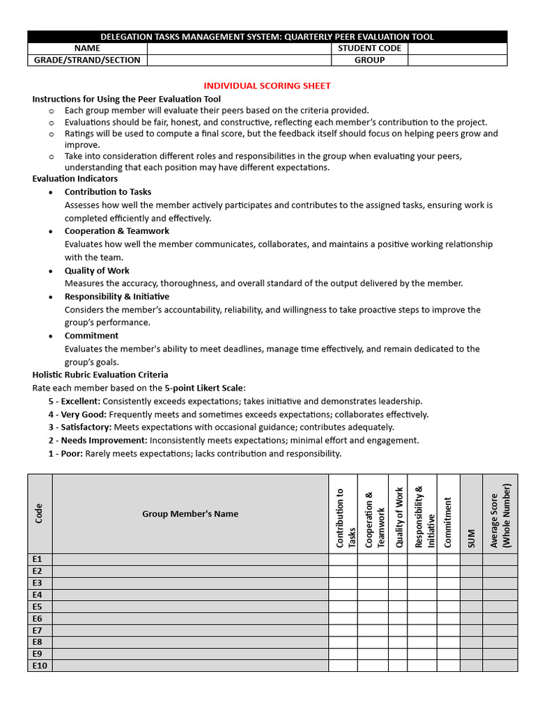 QUARTERLY-PEER-EVALUATION-TOOL-v.2 | PDF | Evaluation