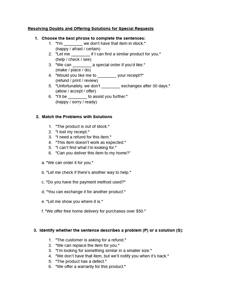 Worksheet - Resolving Doubts and Offering Solutions For Special ...