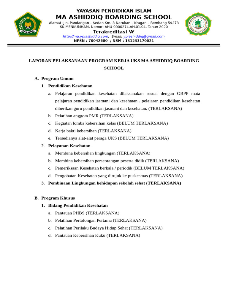 LAPORAN PELAKSANAAN PROGRAM KERJA UKS MA ASHIDDIQ BOARDING SCHOOL | PDF