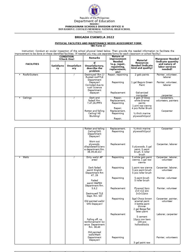 BE Form 1 PHYSICAL FACILITIES AND MAINTENANCE NEEDS ASSESSMENT FORM ...