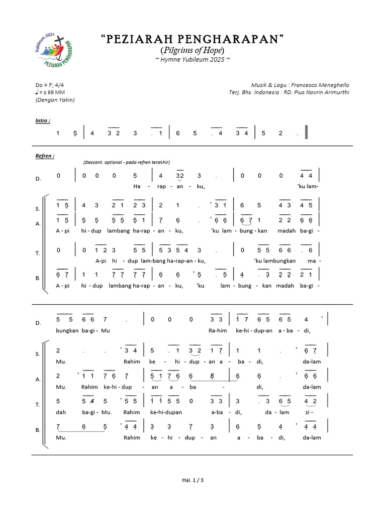 Peziarah Pengharapan - Hymne Yubileum 2025 (SATB Not Angka) - 1 | PDF