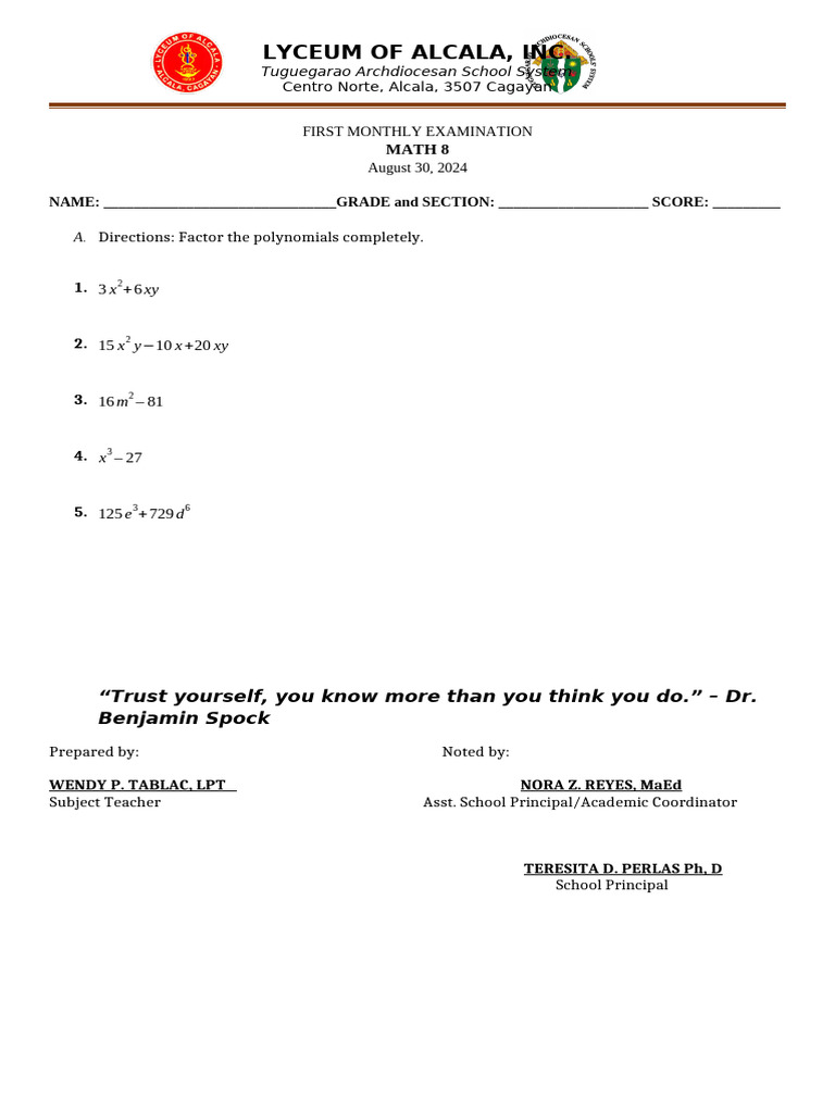 First Monthly Examination | PDF