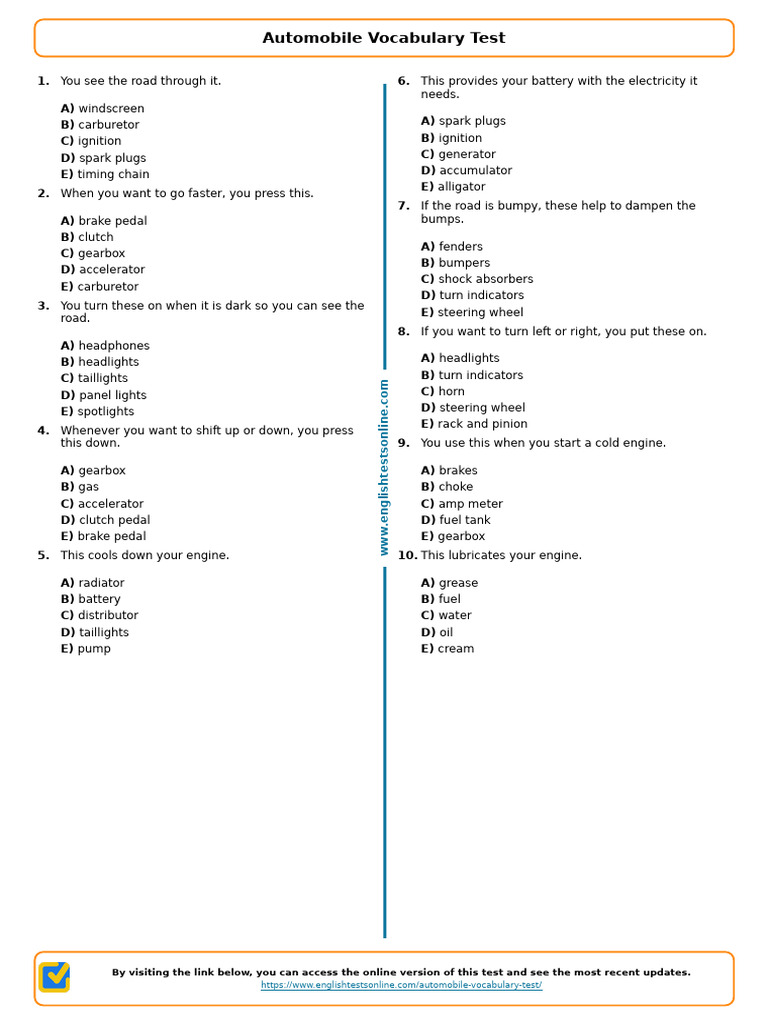 273 - Automobile Vocabulary Test | PDF | Land Vehicles | Car Body Styles