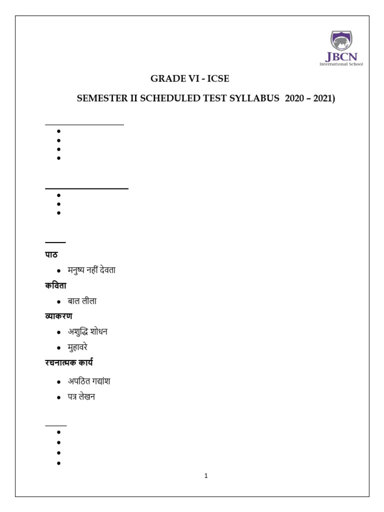 Grade Vi - Icse Semester Ii Scheduled Test Syllabus 2020 2021) | PDF