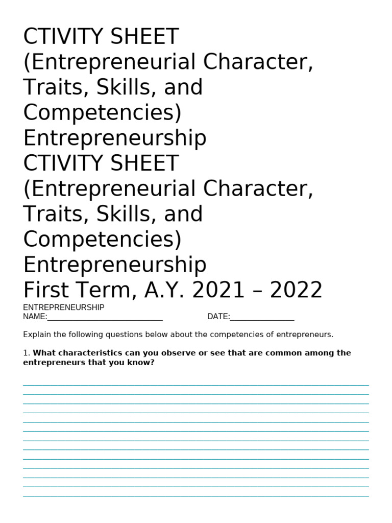 ACTIVITY SHEET_ENTREP | PDF | Entrepreneurship | Intelligence