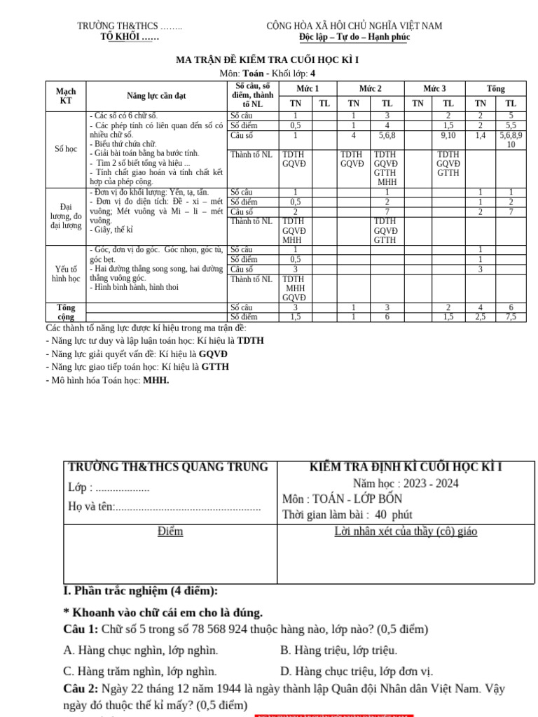 De Ma Tran Toan Lop 4 | PDF