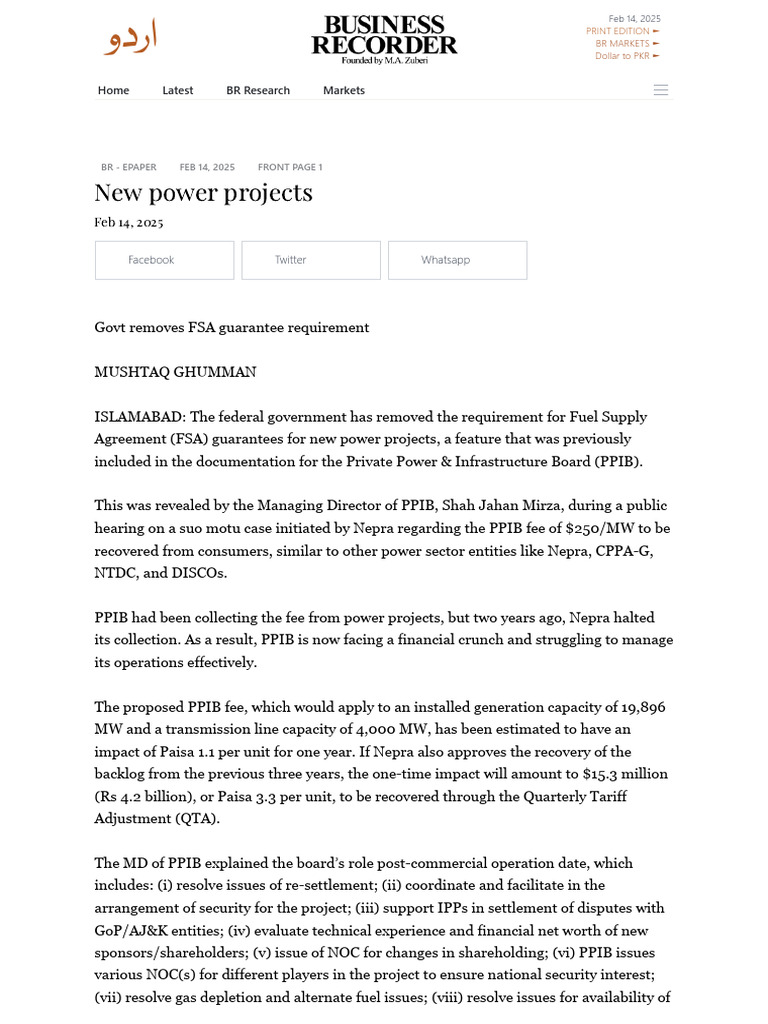 Business Recorder-A (Page 1+10) | PDF | Economies | Power (Physics)