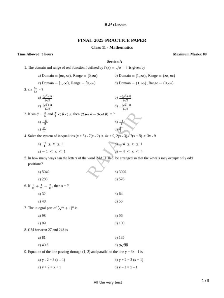 Class 11 Mathematics Practice Paper | PDF | Mathematical Concepts ...